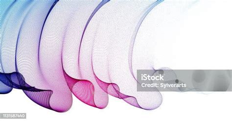 바람에 동적 웨이브 투명 한 얇은 명주 그물 섬유 입자 흐름 모션 효과 벡터 추상적인 배경입니다 3d 모양 도트 혼합 메쉬 차분한 배경 화면 0명에 대한 스톡 벡터 아트 및