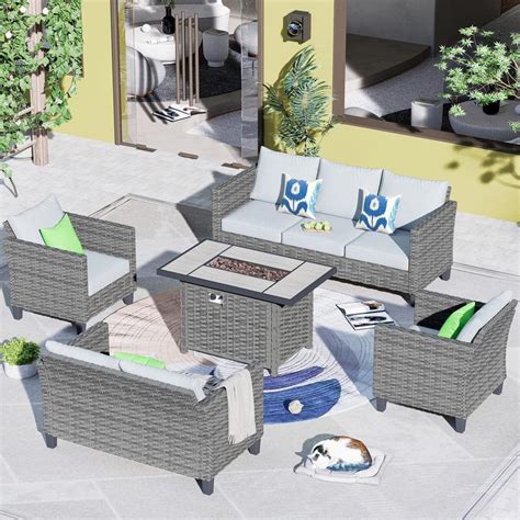 Ovios New Star Gray 5 Piece Wicker Patio Rectangle Fire Pit