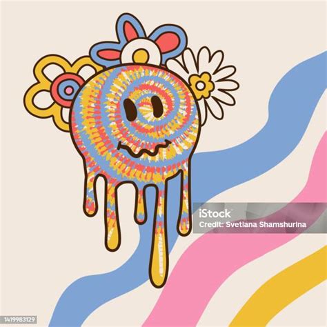 복고풍 왜곡 녹는 웃는 이모티콘 얼굴 프린트 티 티셔츠 또는 스티커 용 꽃 타이 염료 패턴이있는 이모티콘 벡터 손으로 그린