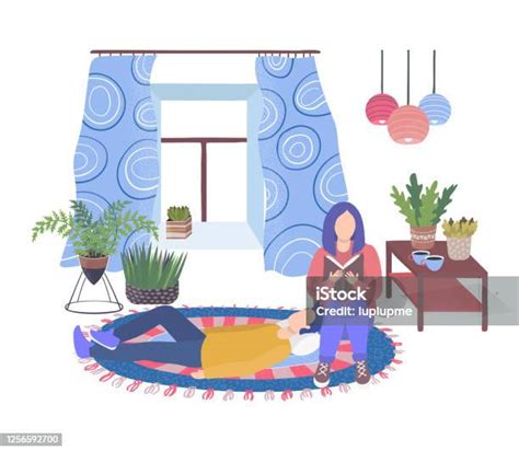 거실에 집 식물과 부부 남자 휴식과 흰색 가정 정원 평면 벡터 일러스트에 고립 된 여자를 읽고 가정 생활에 대한 스톡 벡터 아트 및 기타 이미지 Istock