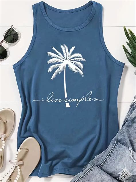 Coconut Tree Graphic Letter Print Crew Neck Tank Top Casual Temu