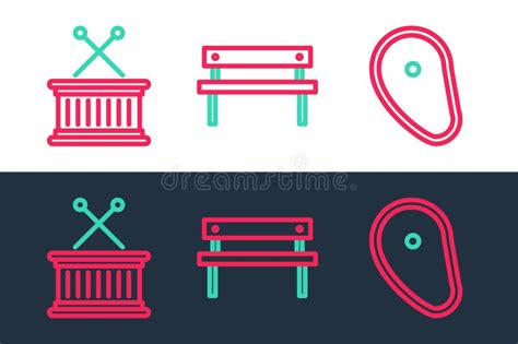 Set Line Steak Meat Musical Drum And Sticks And Bench Icon Vector
