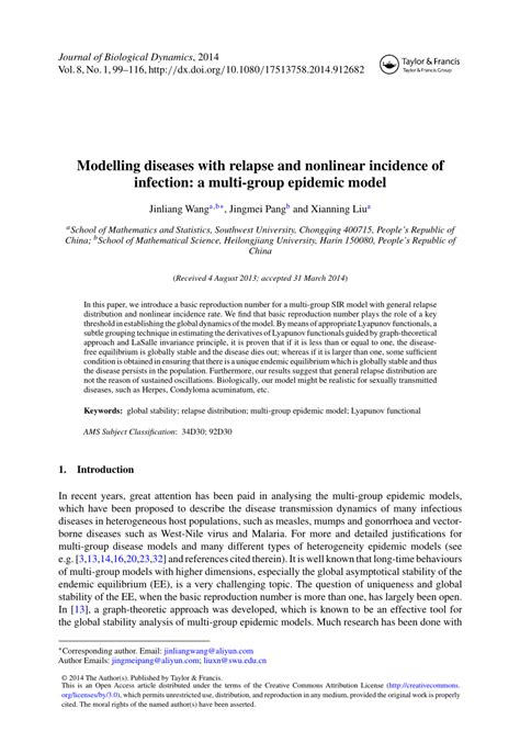 Pdf Modelling Disease With Relapse And Nonlinear Incidence Of Infection A Multi Group