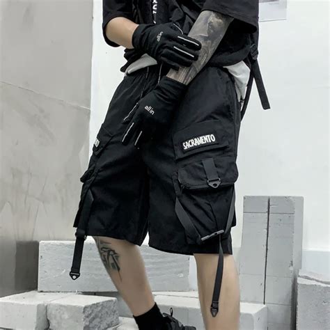 Homens Preto Shorts Baggy Fitas Moda Japonesa Streetwear Hip Hop Curto