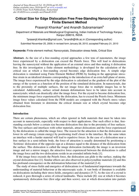 Pdf Critical Size For Edge Dislocation Free Free Standing Nanocrystals By Finite Element Method