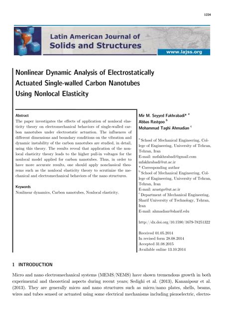 Pdf Nonlinear Dynamic Analysis Of Electrostatically Actuated Single Walled Carbon Nanotubes