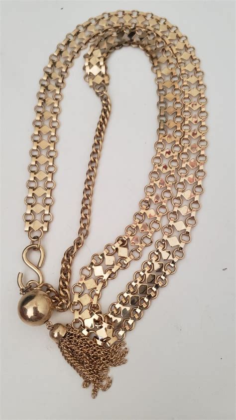 Vintage Napier Tassel Boho Gold Textured Chain Link Gem