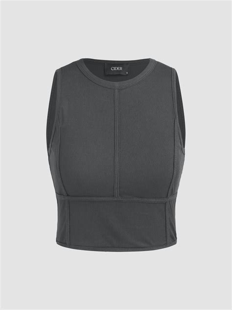 Rib Round Neckline Crop Tank Top Cider