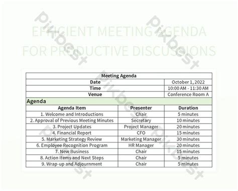 Efficient Meeting Agenda For Productive Discussions Excel Template