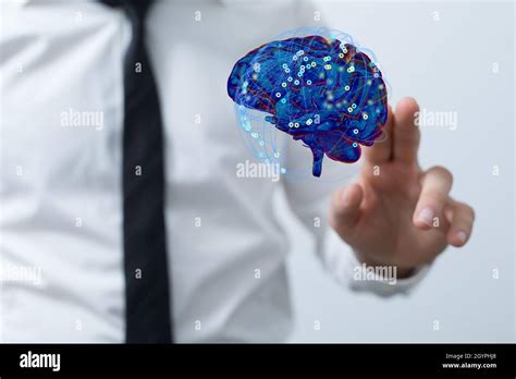 3d Rendering Of Floating Brain With Male Touching It From Behind Brain Network And Digital Iq