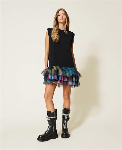 Short MYFO Dress With Tulle Flounces Woman Black TWINSET Milano