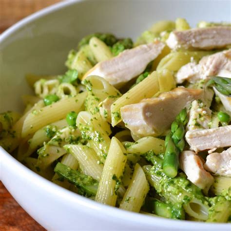 Pesto Pasta With Chicken Asparagus And Peas Good In The Simple