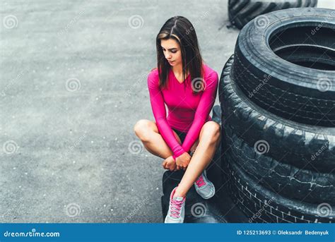 Pretty Sporty Girl Workout Outdoor With Big Tire Stock Image Image Of
