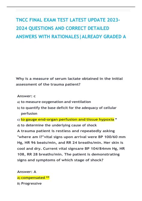 Tncc Final Exam Test Latest Update Questions And Correct Detailed Answers With Rationales
