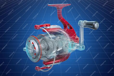 스피닝 릴 3d 렌더링의 시각화 3d Cad 모델 프리미엄 사진