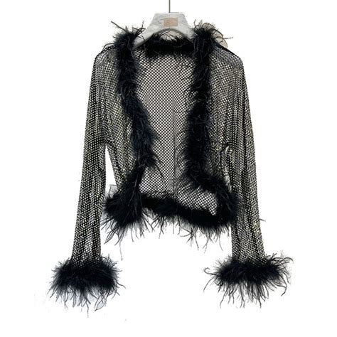 Lady Rhinestone Sheer Shrug Cardigan Crop Tops With Feather Trim Shawl