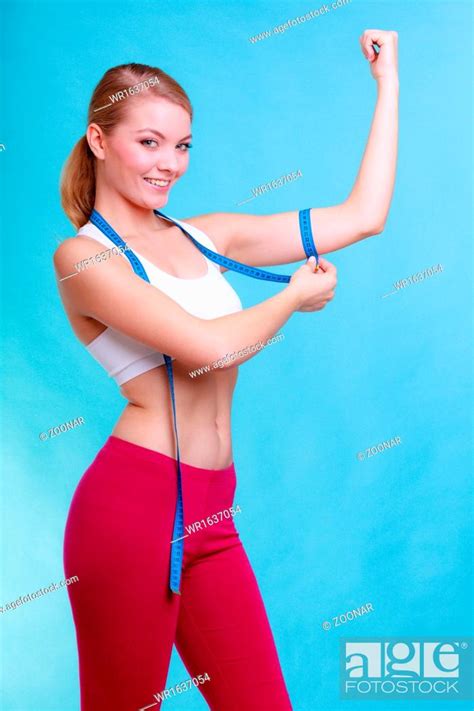Diet Fitness Woman Fit Girl With Measure Tape Measuring Her Biceps