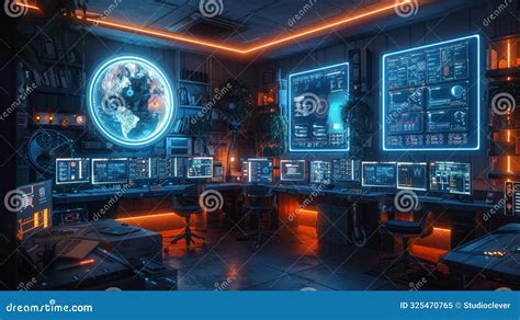 futuristic control room with high tech monitors and world map display