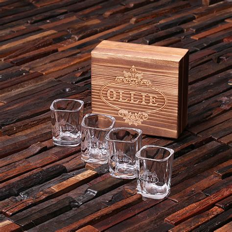 Four Personalized Shot Glass T Set And Keepsake Wood T Box Teals
