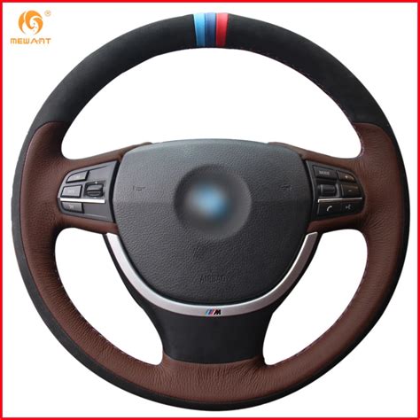 MEWANT Coffee Genuine Leather Black Suede Car Steering Wheel Cover For