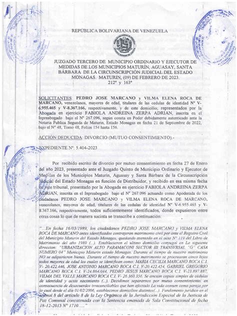 Sentencia De Divorcio Vilma Roca Pdf Divorcio Sentencia Ley