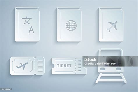 Set Ticket Cover Book 여행 가이드 항공권 기차 및 번역기 아이콘입니다 벡터 3차원 형태에 대한 스톡 벡터 아트 및 기타 이미지 Istock
