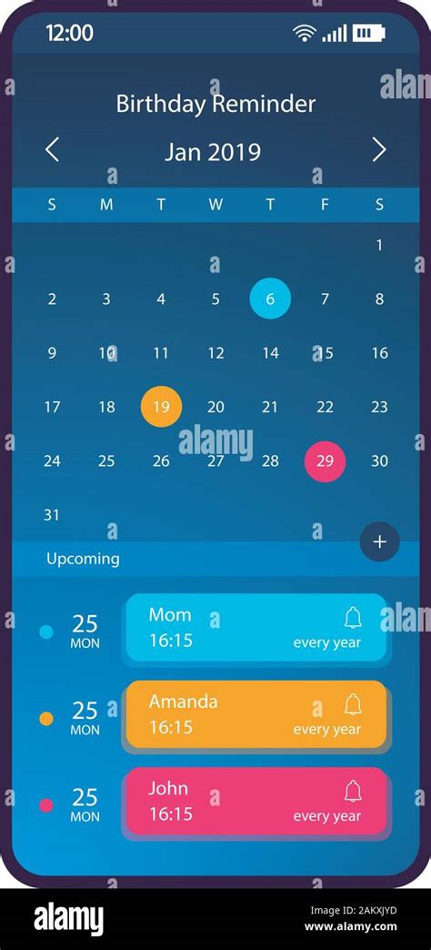 Birthday Reminder Smartphone Interface Vector Template Mobile App Page Blue Gradient Design