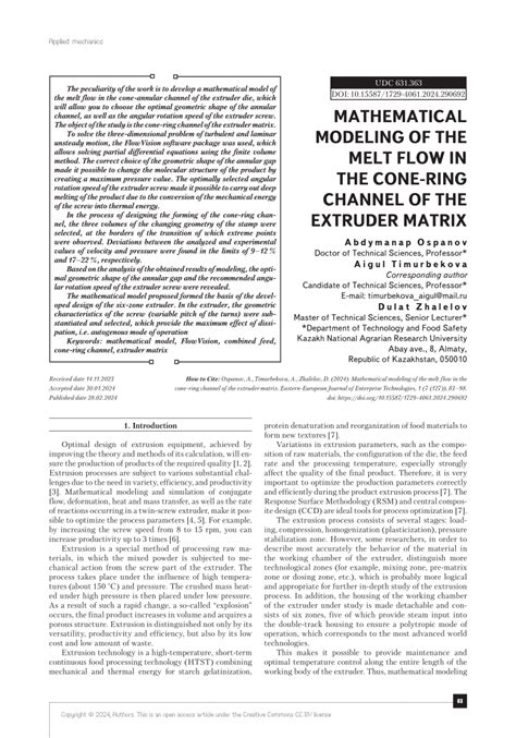 (PDF) Mathematical modeling of the melt flow in the cone-ring channel of the extruder matrix