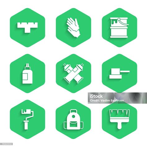 페인트 스프레이 캔 학교 책가방 브러시 스프레이 노즐 캡 롤러 페인트 구 아슈 항아리 염료 양동이 및 마커 펜 부착 아이콘을 설정합니다 벡터 가방에 대한 스톡 벡터 아트 및