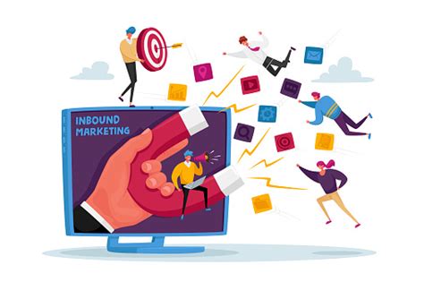 인바운드 마케팅 기술로 새로운 잠재 고객을 유치하고 수입을 창출하는 자석을 가진 컴퓨터 모니터에 대한 거대한 손 리드 생성에 대한 스톡 벡터 아트 및 기타 이미지 Istock