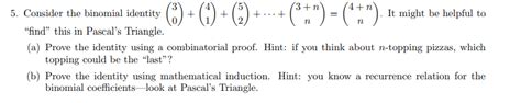 Solved 3 N 5 Consider The Binomial Identity