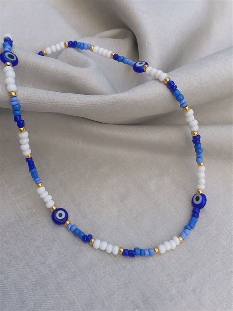 Blue Evil Eye Necklace Evil Eye Choker Blue Beaded Necklace Seed Bead Necklace Blue Evil Eye