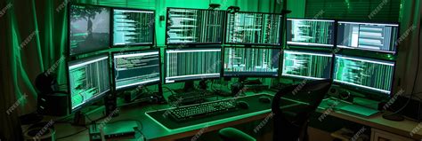 hackers workstation with green codes and graphs on multiple monitors
