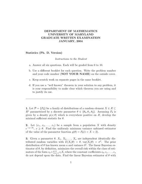 6 questions in examination mathematics statistics i stat 700