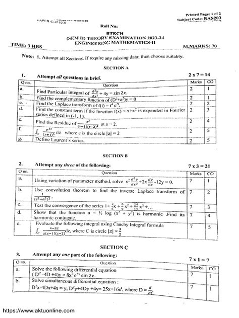 Btech 2 Sem Engineering Mathematics 2 Bas203 2024 Pdf