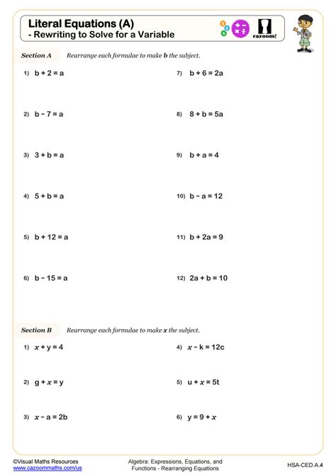 Literal Equations A Rewriting To Solve For A Variable Worksheet Algebra I Pdf Worksheets