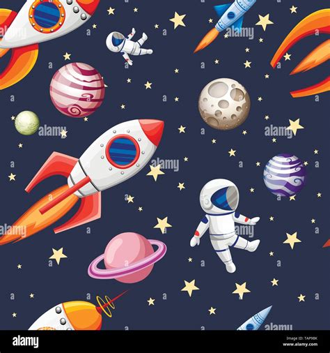 Seamless Pattern Of Space Elements Cartoon Design Space Rockets Planets Stars And Cosmonaut Flat