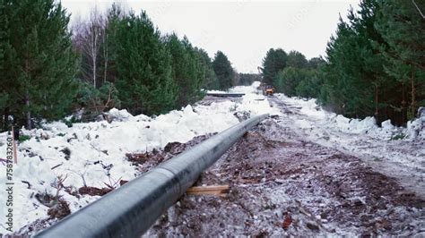 Laying A New Gas Pipeline Line In Winter A Large Diameter Gas Pipeline