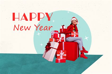 서식 파일 콜라주 디자인 트렌드 삽화 3d 스케치 아가씨 앉아 말뚝 선물 상자 선물 착용 모자 겨울 시즌 새해 복 많이 받으세요 배너 12월에 대한 스톡 사진 및 기타