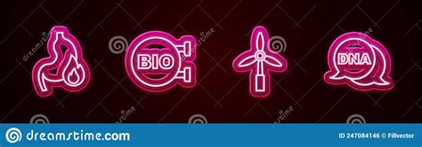 Set Line Stomach Heartburn Bio Healthy Food Wind Turbine And Dna