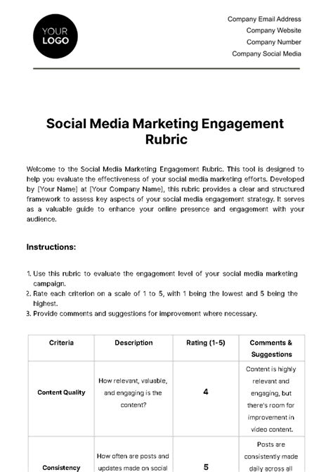 Free Social Media Marketing Engagement Rubric Template To Edit Online