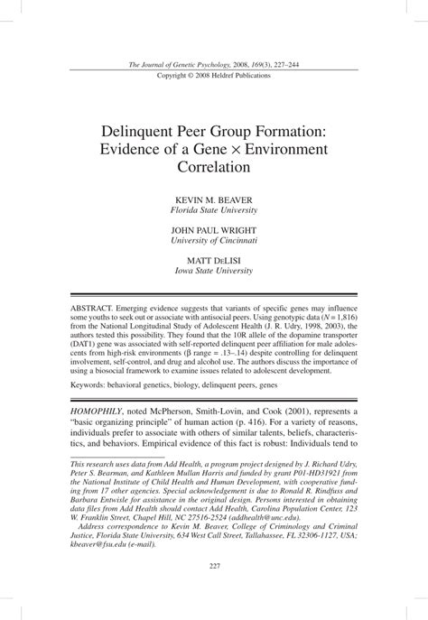 Pdf Delinquent Peer Group Formation Evidence Of A Gene X Environment