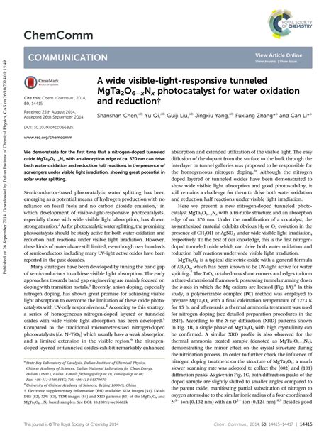 Pdf A Wide Visible Light Responsive Tunneled Mgta2o6−xnx Photocatalyst For Water Oxidation And