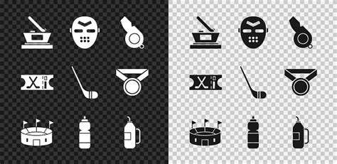 아이스하키 컵 챔피언 하키 마스크 휘파람 경기장 피트니스 셰이커 스포츠 티켓 및 스틱 아이콘을 설정합니다 벡터 개념에 대한 스톡 벡터 아트 및 기타 이미지 Istock