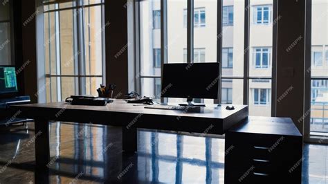 Premium Photo Modern Office Desk With Computer Displaying World Map