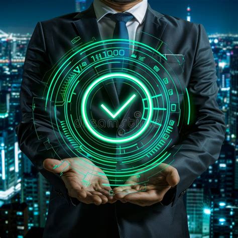 Successful Businessman Holding Glowing Checkmark In City Symbolizing