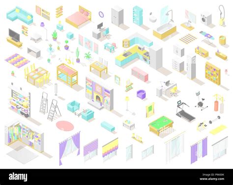 Vector Big Set Of Low Poly Isometric Furniture And Decoration For Home