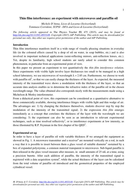 Pdf Thin Film Interference An Experiment With Microwaves And Paraffin Oil