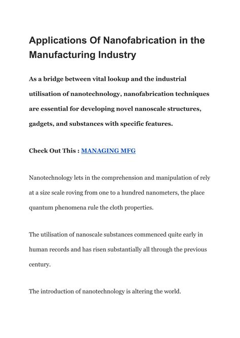 Ppt Applications Of Nanofabrication In The Manufacturing Industry