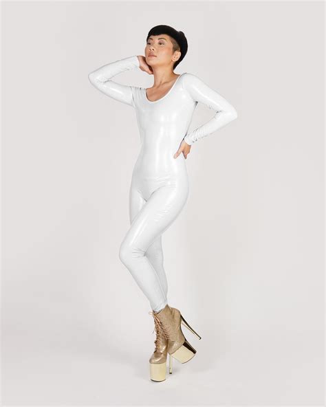 White Stretch Vinyl Catsuit Pvc Pu Faux Leather Faux Latex Scoop Neck